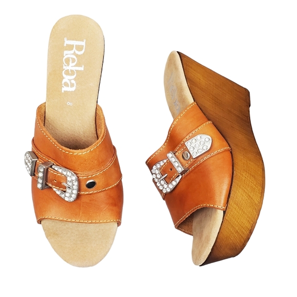 Reba | Shoes | Reba Womens Rhinestone Buckle Tan Leather Wedge Sandals ...